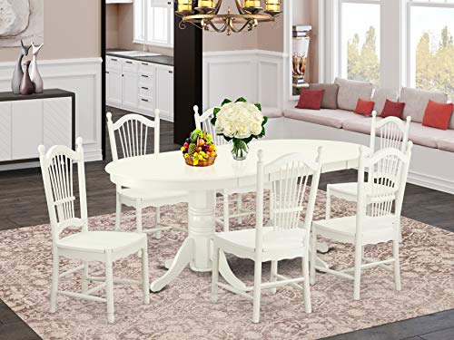 East West Furniture VADO7-LWH-W 7Pc Dinette Set Includes a 59/76.4 Inch Oval Dining Table with Butterfly Leaf and 6 Wood Seat Kitchen Chairs, Linen White Finish