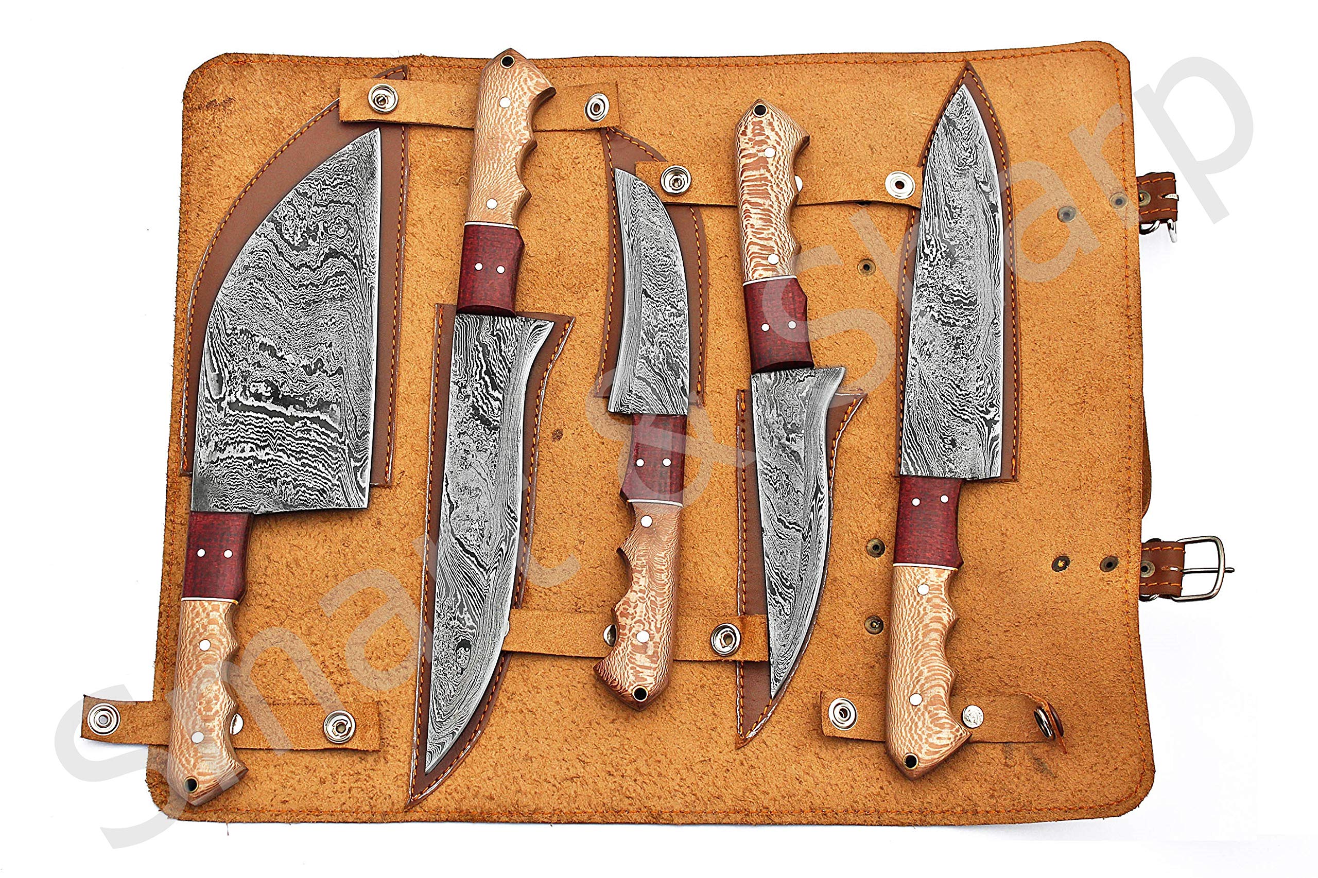 Custom Handmade Damascus Chef Knives Set/Kitchen Knives 5 Pieces Set SS-17210 and 17211 Poplar Wood (Poplar Wood)
