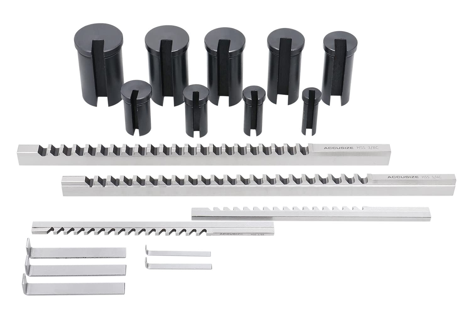 Accusize Industrial Tools - No.10 HSS Keyway Broach Set, 18 Pcs with Precision Ground Teeth, Includes 4 Broaches & 9 Bushings, 5100-0010