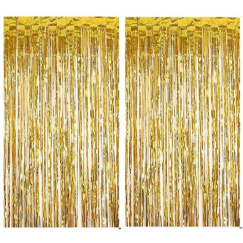 2PCS Party Decoration Backdrop 3.28 * 6.63 Feet Foil Fringe Curtain Tinsel Streamer Photo Backgrounds Hanging Decorations for Baby Shower Gender Reveal Birthday Wedding Themed Party Supplies Gold