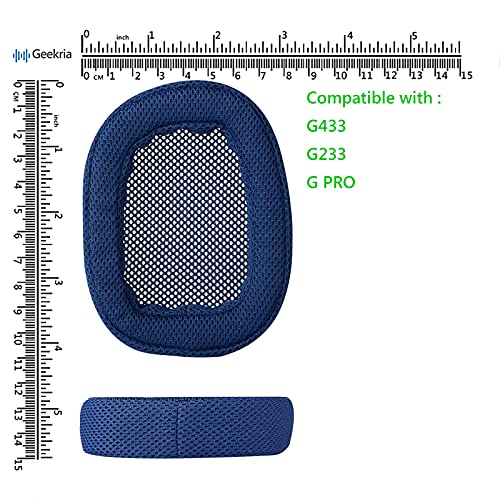 Geekria QuickFit Mesh Fabric Replacement Ear Pads for Logitech G433 G233 G PRO Headphones Earpads, Headset Ear Cushion Repair Parts (Blue)
