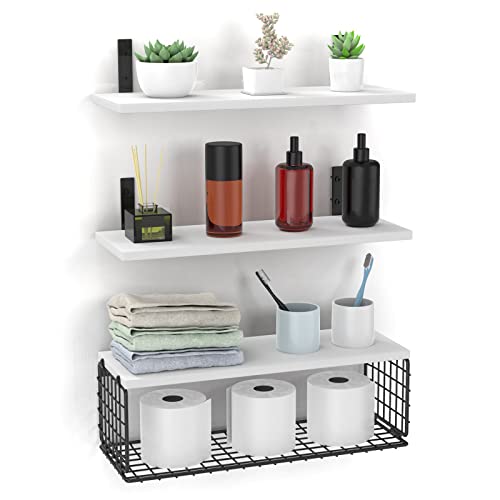 BORISI Floating Shelves Wall Mounted, Wood Bathroom Shelves Over Toilet with Paper Storage Basket, Rustic Farmhouse Wall Shelves for Wall Decor, Bedroom, Living Room, Kitchen,Pantry