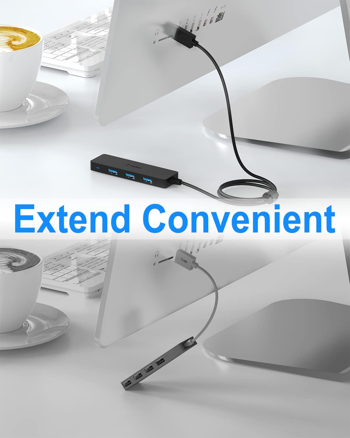 Aceele 6 in 1 USB 3.0 Hub Bundle of 4 in 1 USB 3.0 Hub, 4ft Extended Long Cable, Ultra-Slim Multiport Expander for Desktop Computer PC, Laptop, Chromebook, Mac Mini, iMac, PS4, Flash Drive Data