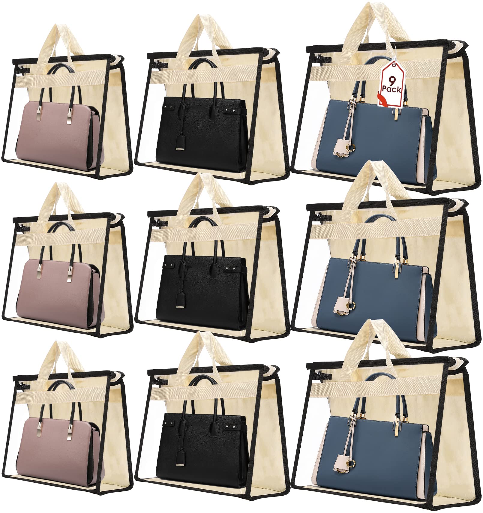 9 Pack Dust Bags for Handbags,Clear Purse Storage,Handbag Dust Bags,Purse Protector Storage Bag,Transparent Purse Storage Organizer for Closet,Dust Cover Bags for Handbag Storage with Zipper Handles