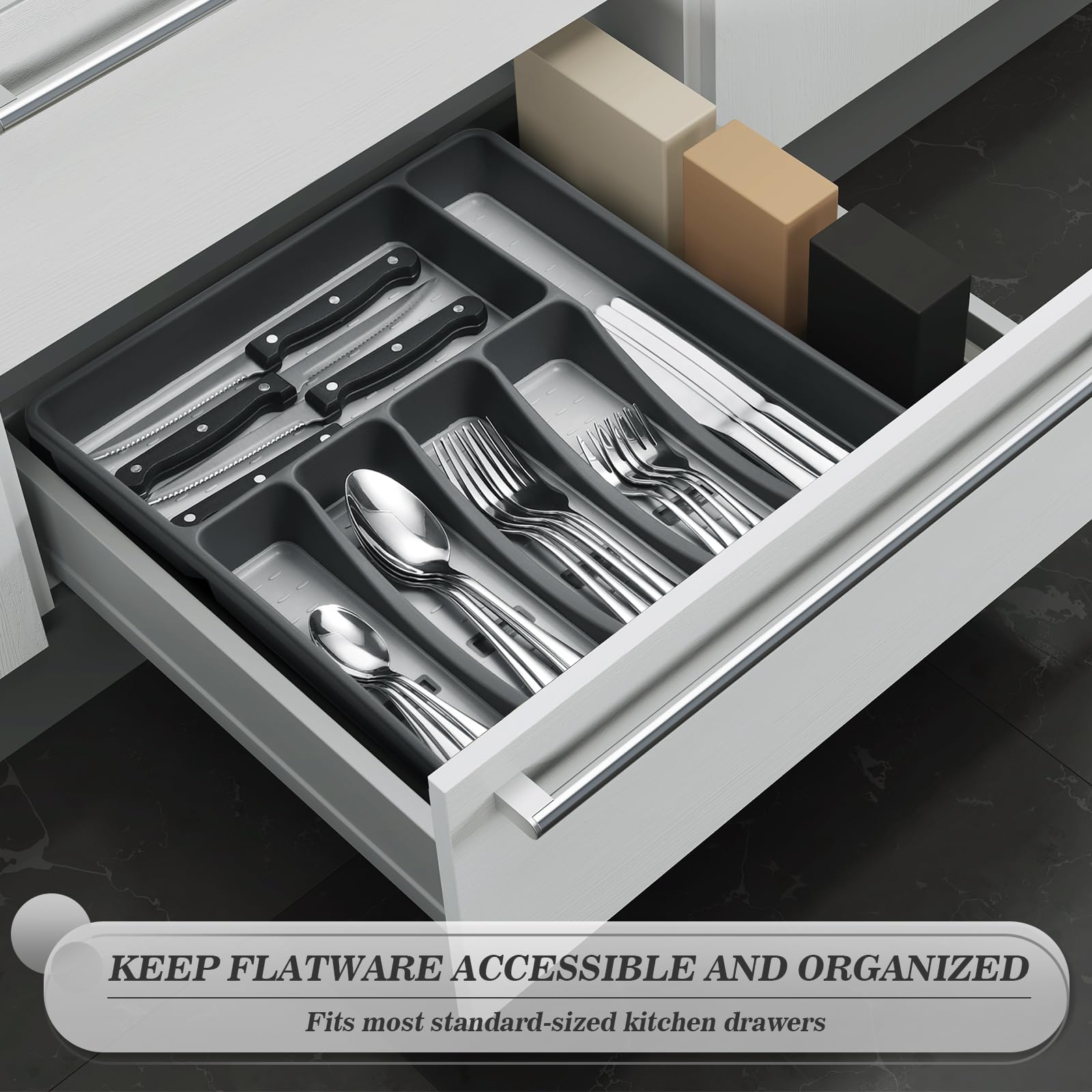 24-Piece Silverware Set with Organizer,Heavy Duty Stainless Steel Flatware Cutlery Tableware Set for 4,Includes 6-Compartment Silverware Tray with Cutlery Icons,Silverware Set with Steak Knives