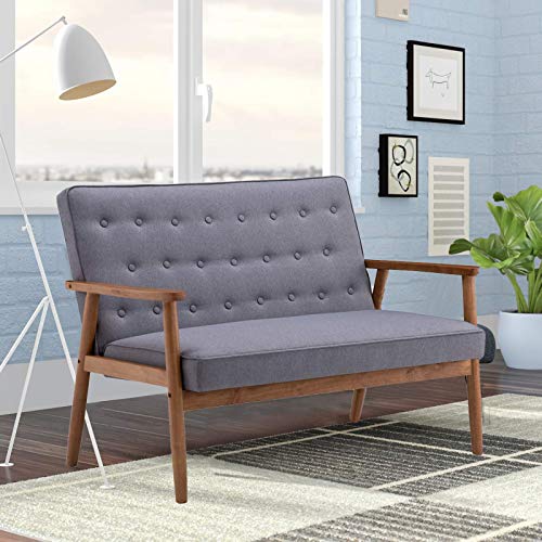 JOYBASE Loveseat Sofa, 2-Seater Sofa Couch, Mid-Century Retro Modern Fabric Upholstered Wooden, Grey
