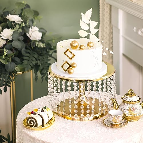 8 Inch Tall Wedding Gold Cake Stand - 12" Dia Round Base Cake Serving Stand with Crystal Chandelier, Dessert Cupcake Pastry Candy Display Plate for Weddings, Birthdays and Special Occasions