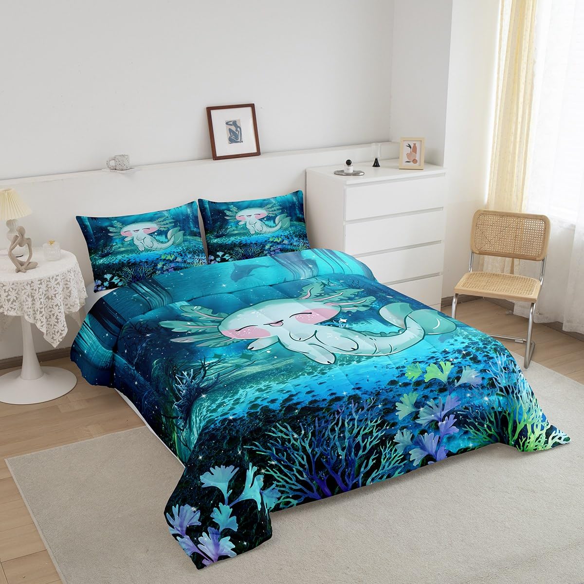 Manfei Cartoon Axolotl Twin Size Comforter Set,Cute 3D Ocean Animal Quilt Set Soft Bed Collection,Blue Seaweed Plant Bedding Comforter for Boys Girls Kawaii Bedroom Decor,2 Pcs