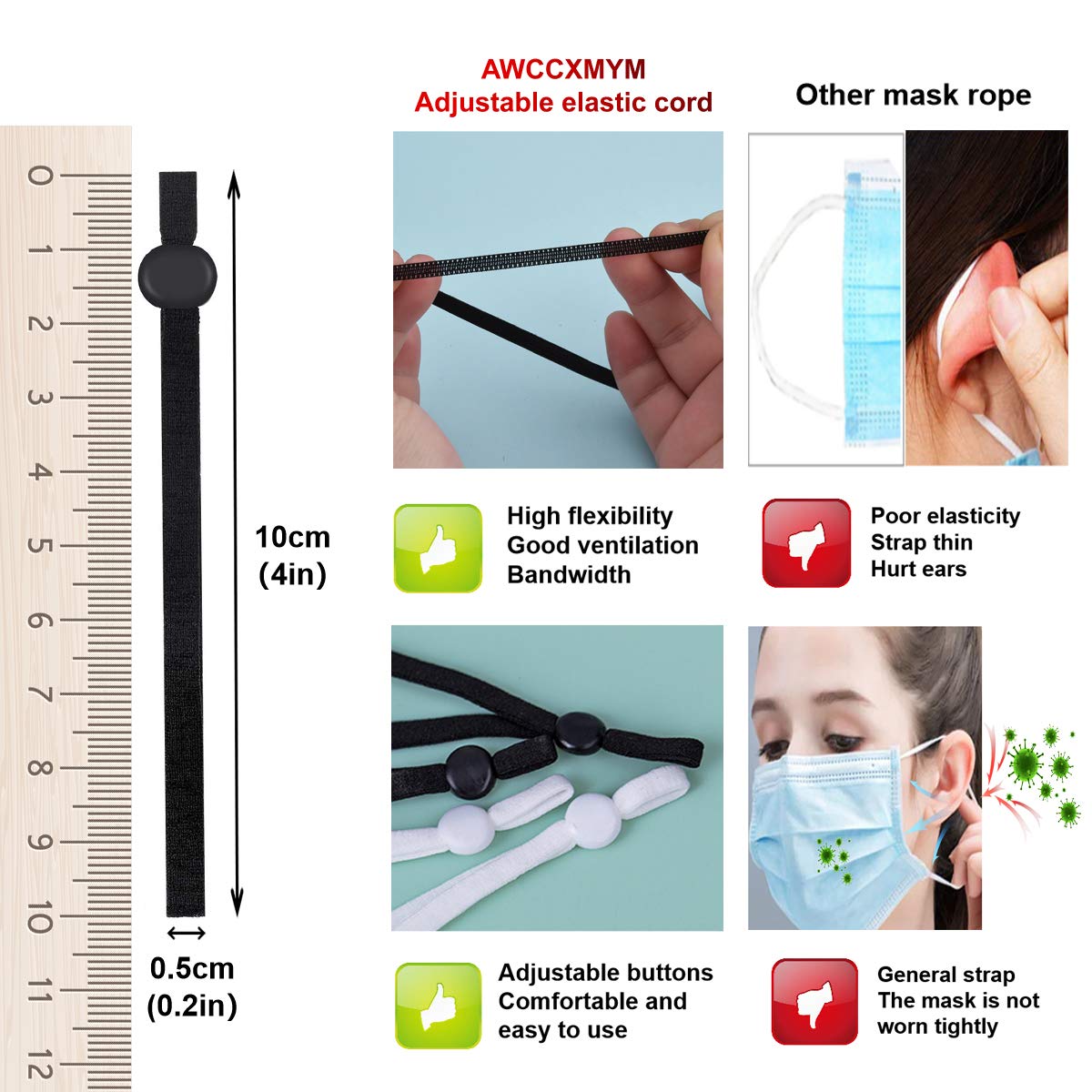 200PCS Black & White Face Mask Elastic,Retractable Elastic String for Masks,Elastic for mask with Adjustable Buckle, Sewing Comfortable Ear Hanging Rope