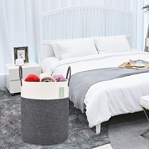 BOSROTY Extra Large Blanket Basket, Tall Laundry Basket, Laundry Hamper, Large Storage Basket, 15.7”x 19.7”, Cotton Rope Basket, Woven Basket, Toy Basket, Clothes Baskets, White & Black