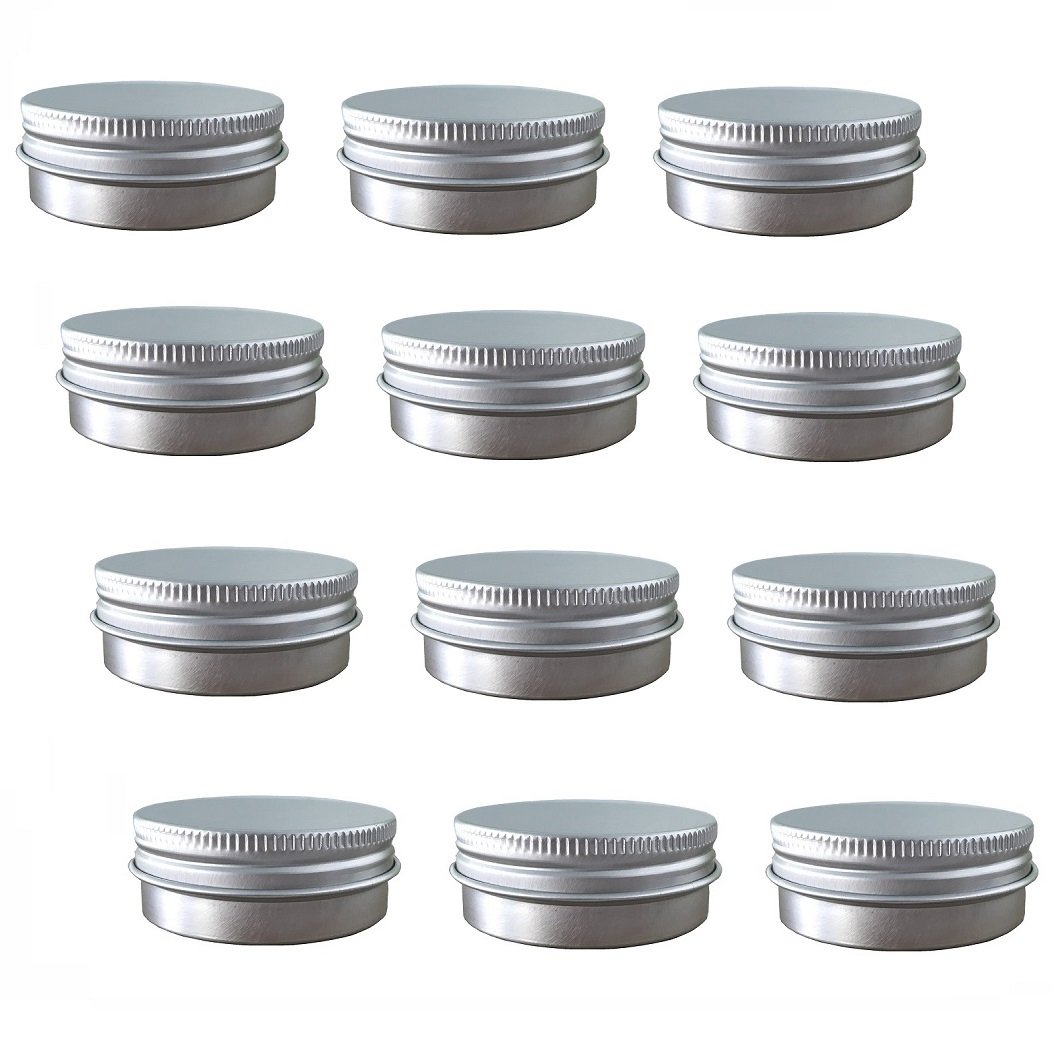 Aluminum Tin Jars, Cosmetic Sample Metal Tins Empty Container Bulk, Round Pot Screw Cap Lid, Small Ounce for Candle, Lip Balm, Salve, Make Up, Eye Shadow, Powder (12 Pack, 2 Oz/60ml)