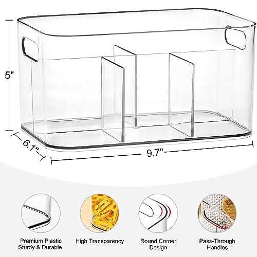 5-Compartment Clear Plastic Bin - Divided Cosmetic Makeup Caddy Organizer - Multiuse Storage Container for Vanity, Bathroom, Kitchen, Pantry, Office, Craft, Utensil, Shower, Cleaning Items, (1 Pack)