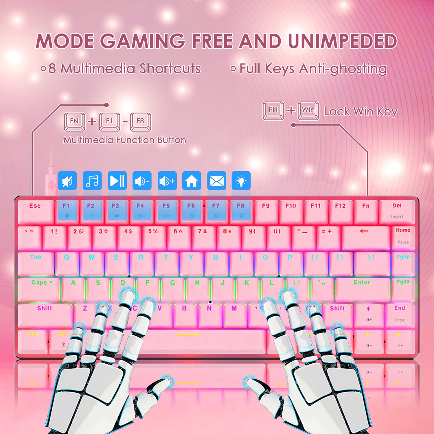 FELICON Wired Mechanical Gaming Keyboard, 82 Keys Compact Rainbow Blacklight Keyboard with Blue Switch, Small and Portable Compatible with Windows PC Laptop Mac Game Office