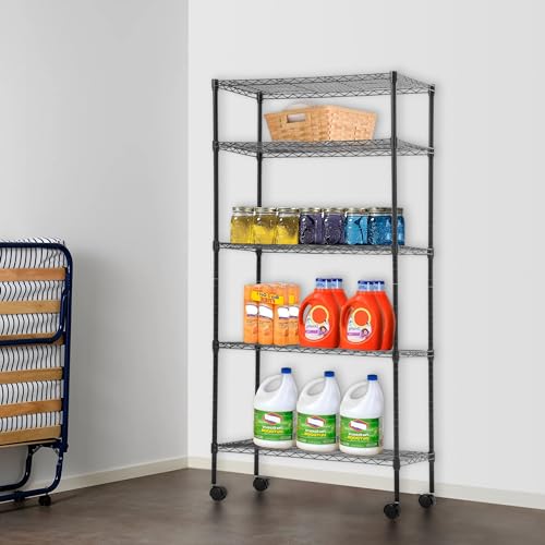 24/7 Shop at Home Rex Industrial 5 Tier Wire Shelving Rack with Wheels, Adjustable Shelves and NSF Certified, Metal Storage Shelves for Kitchen, Office, Garage, Basement, Laundry Room, Black