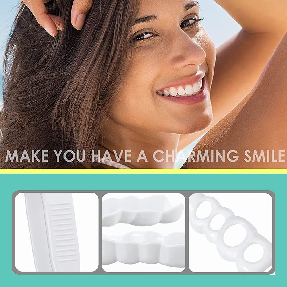1Set Dentures Veneers Tooth,Dental Care Kits for Anti Molar Orthodontic Cosmetic Teeth,Smile Snap Tooth.(White,1Top+ 1Bottom+2Adhesives+1Tweezers+1Heart-Shaped Storage Box)