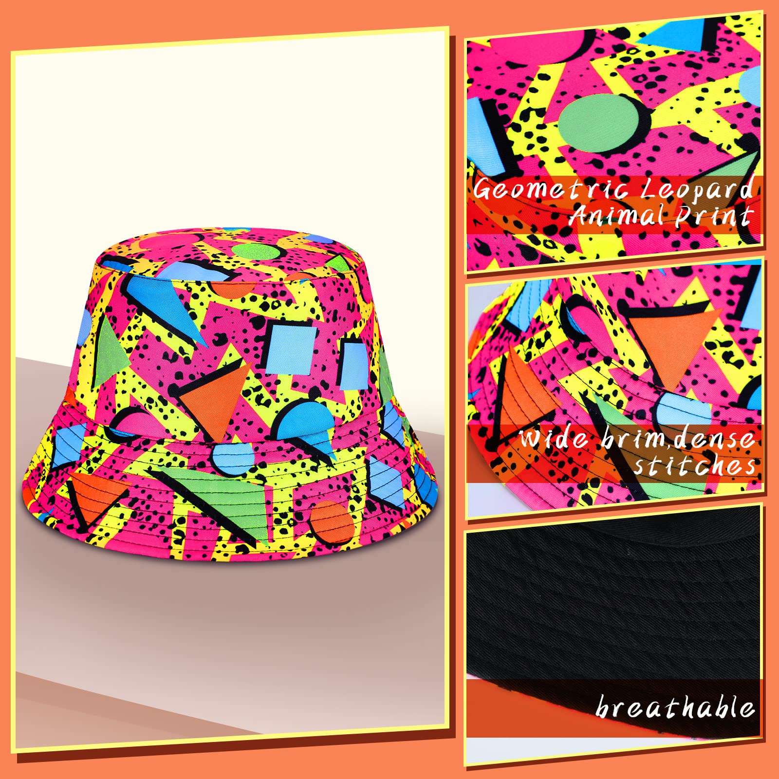 2 Pack Retro 80s 90s Bucket Hat for Women Men Vintage Print Fisherman Neon Nylon Hat Reversible Packable Travel Cap (Stylish Style)
