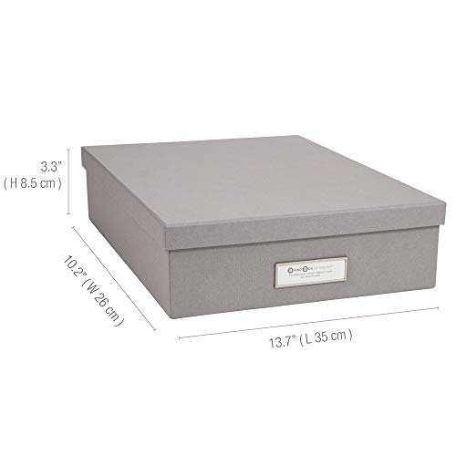 Bigso Oskar Fiberboard Label Frame Document Letter Box | File Organizer Document Box for Important Paperwork | Document Storage Box with a Lid & Metal Label Window | 3.3″x10.2″x13.8″ | Grey