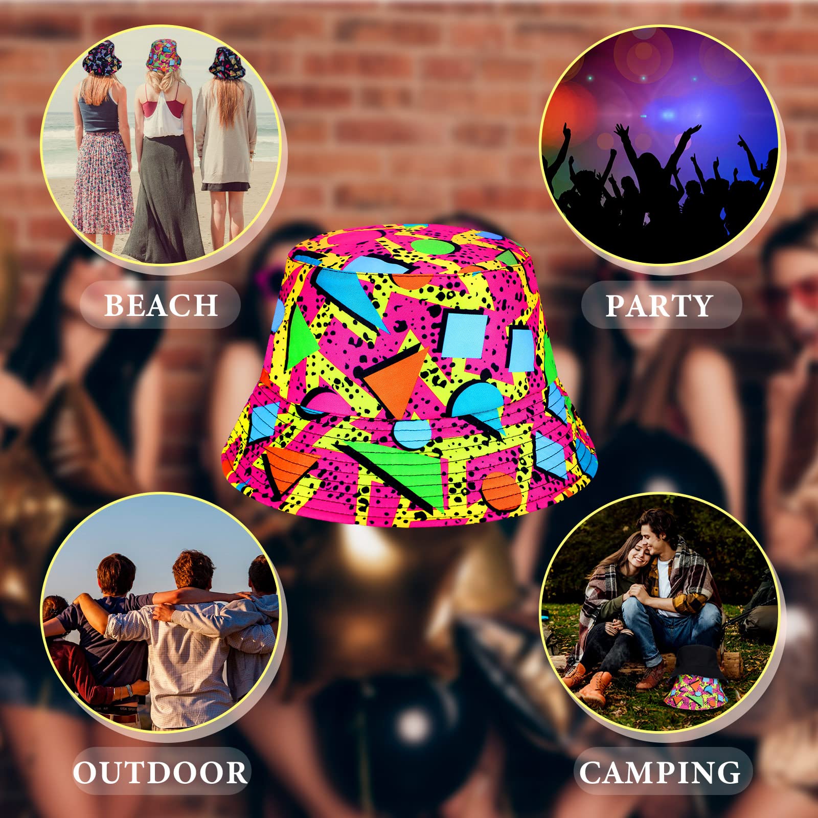 2 Pack Retro 80s 90s Bucket Hat for Women Men Vintage Print Fisherman Neon Nylon Hat Reversible Packable Travel Cap (Fresh Style)