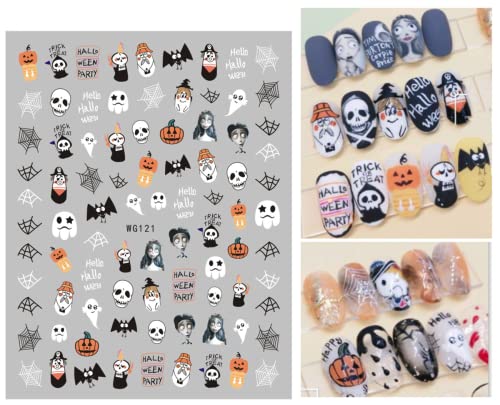 8 Sheets Halloween Nail Art Stickers Decals Self-Adhesive Pegatinas Uñas Cute Ghost Pumpkins Skull Spider Web Nail Supplies Nail Art Design Decoration Accessories