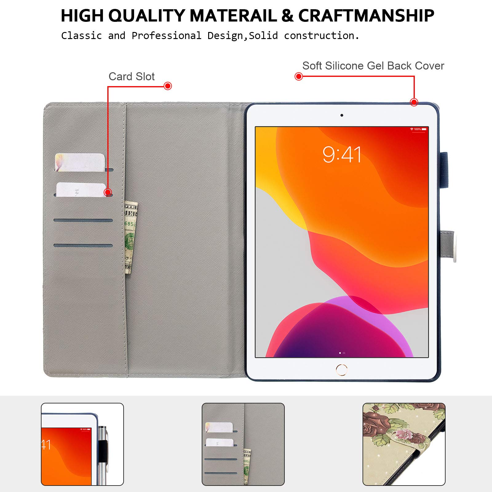 Case for iPad 9th/8th/7th Generation 10.2" (2021/2020/2019 Release), Techcircle 3D Pattern Slim Folding PU Leather Stand Flip Multi Credit Card Slots Wallet Cover with Pencil Holder, Flower Butterfly