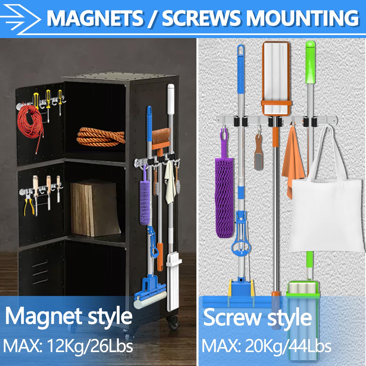 3-H Magnetic Broom Holder Wall Mounted 1 Pack, Strong Magnetic Broom Hooks, Heavy Duty Magnet Broom Organizer Wall Mounted,Anti-slip Utility Storage Tools Rack for Home Kitchen Workshop Laundry Garage