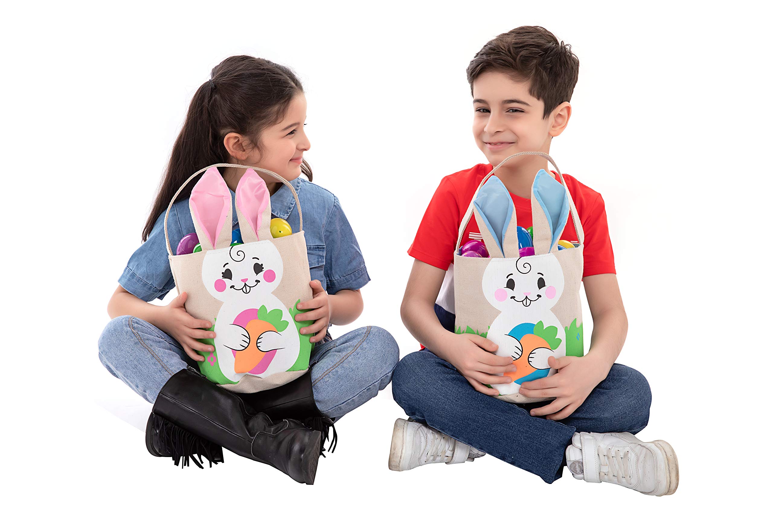 JOYIN 2 Pcs Easter Bunny Basket Set for Easter Eggs Hunt, Burlap Egg Tote Gift for Kids, Party Favor