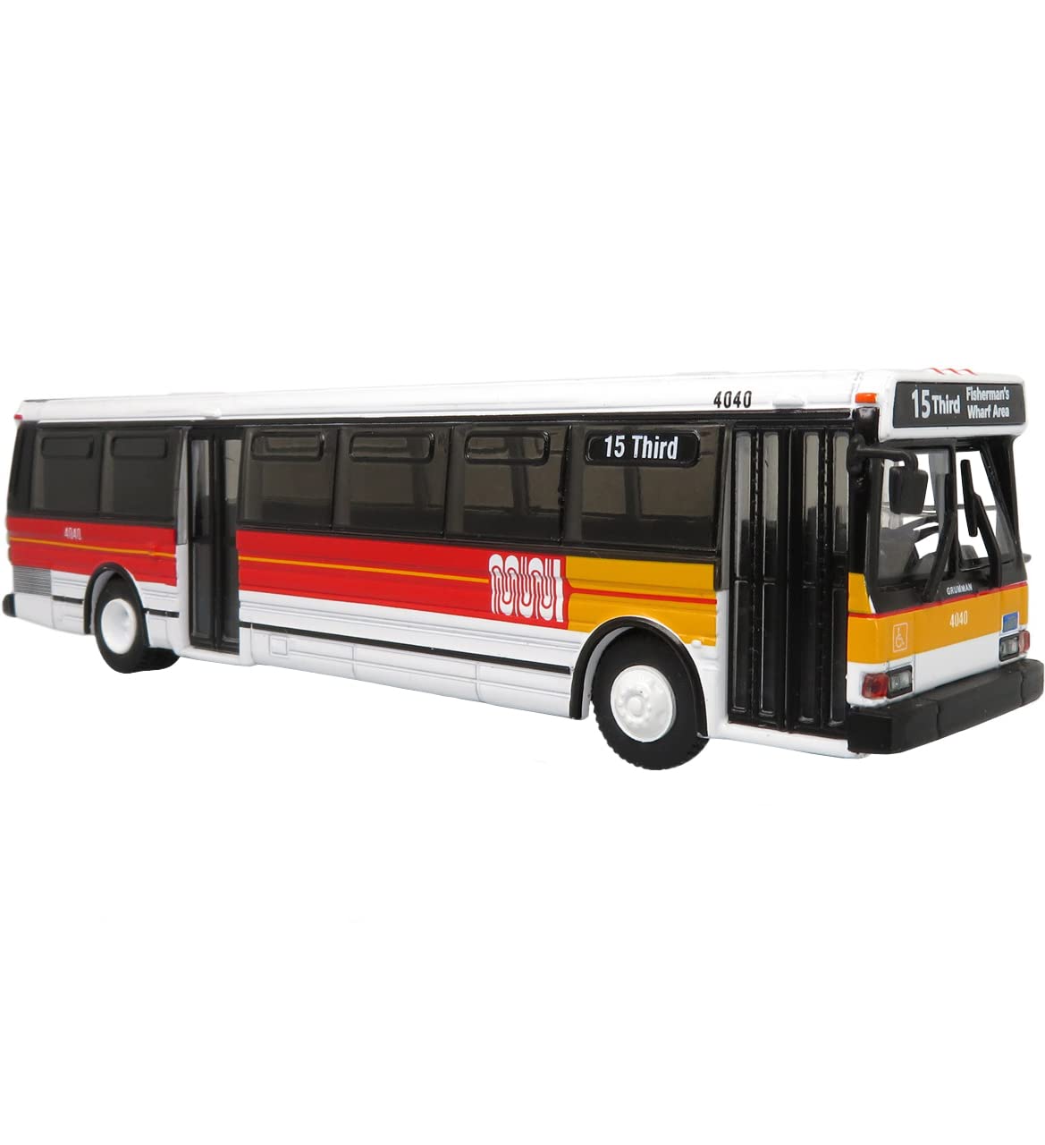 1980 Grumman 870 Advanced Design Transit Bus Muni San Francisco 15 Third Fisherman's Wharf Area 1/87 Diecast Model by Iconic Replicas 87-0413