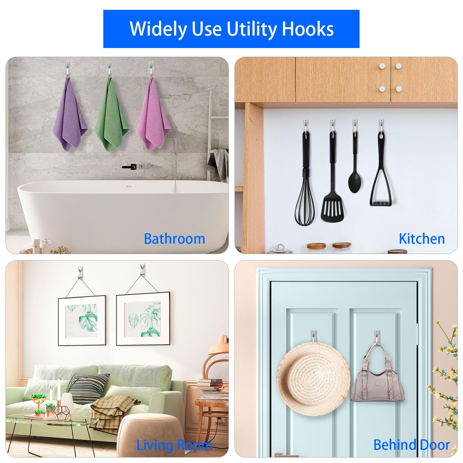 2 Pack Self Adhesive Hooks,Towel Hooks for Bathroom, Heavy Duty Adhesive Hooks,Shower Hooks for Inside Shower,Stainless Steel Wall Hooks for Coat,Robe and Towels, Stick On Bathroom and Kitchen,Sliver
