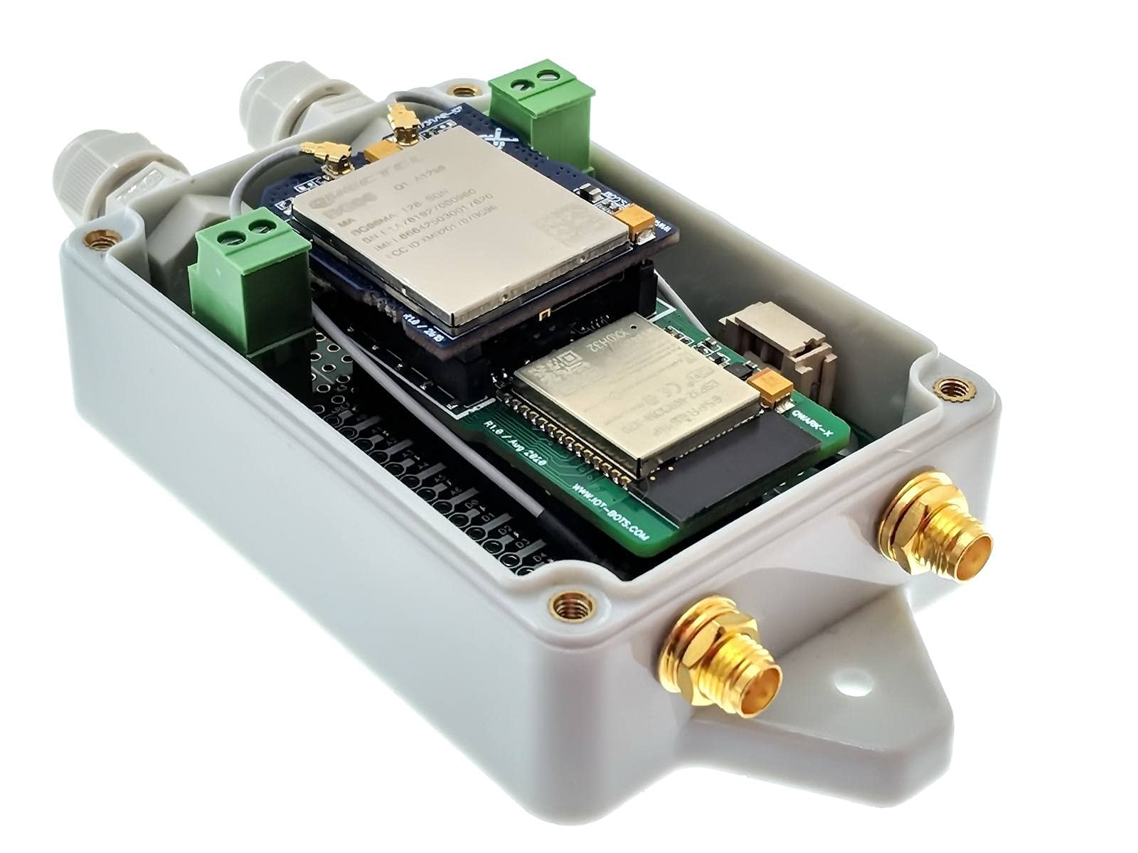 qBoxMini AFC DIY IOT Enclosure Kit (Two SMAs), IOT Enclosure for Feather ESP32 Cellular LoRa WiFi Arduino Board, Waterproof IP65 Enclosure with Glands, prototyping PCB connectors Set and Two SMAs