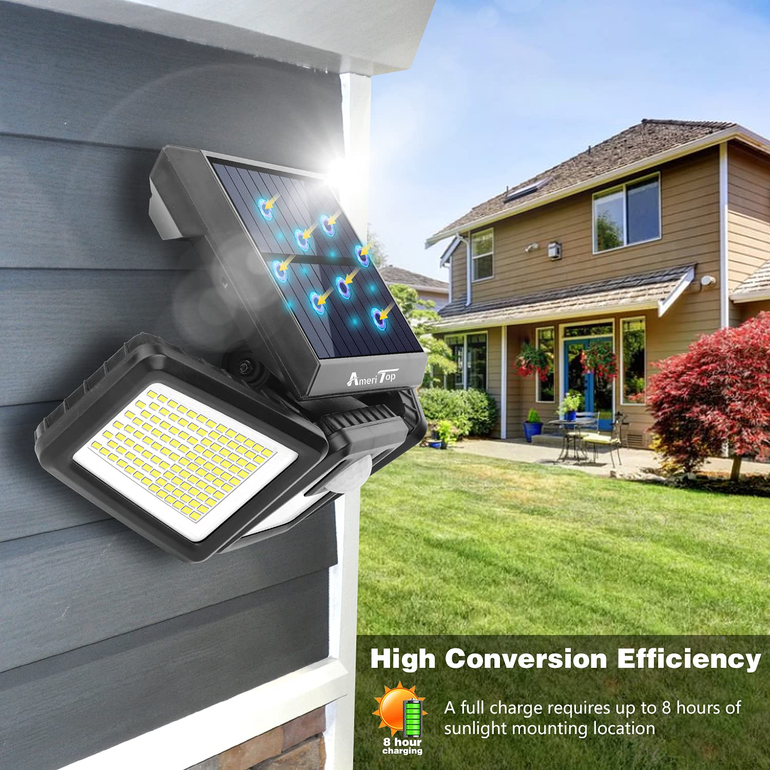 AmeriTop Solar Lights Outdoor, 300 LED 2200mah 7000K Cordless LED Motion Sensor Flood Light, 3 Heads with 3 Mode, IP65 Waterproof, Remote Security LED Flood Light(Daylight) 2 Pack