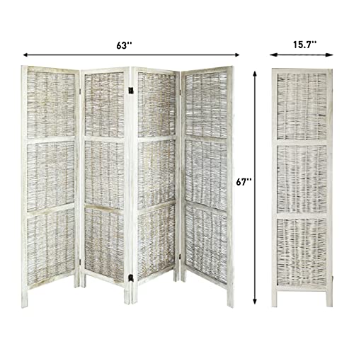 Babion 4 Panel Room Divider, Grass Willow Hand-Woven Screen, Room Dividers and Folding Privacy Screens, Modern Wall Dividers Room Bedroom Decoration, Dividers for Home Office -Grey