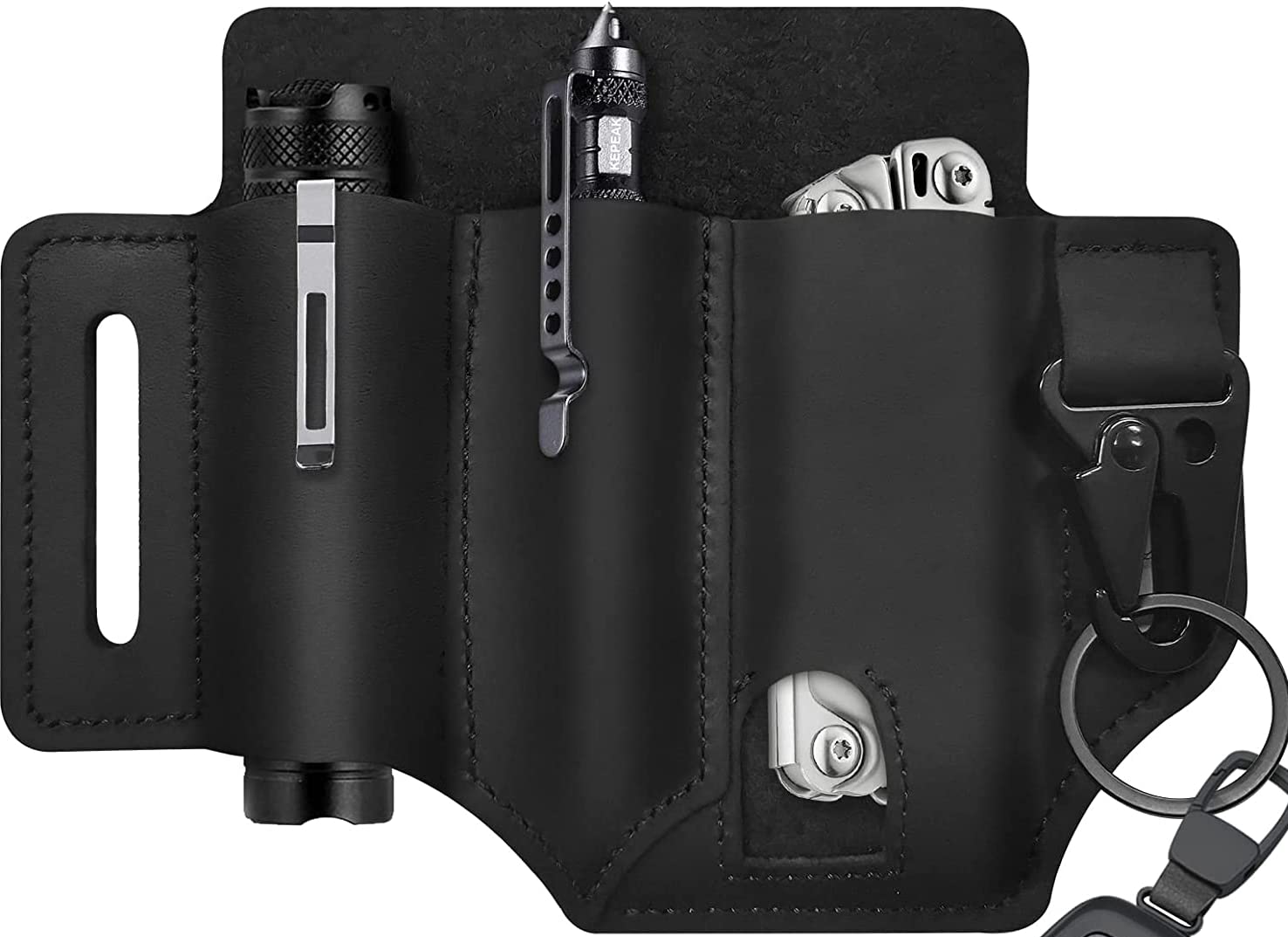 Leather Multitool Sheath for Belt, EDC Belt Organizer for Men, Multi Tool Holster with Tactical Pen Holster, Flashlight Holster, Key Holder