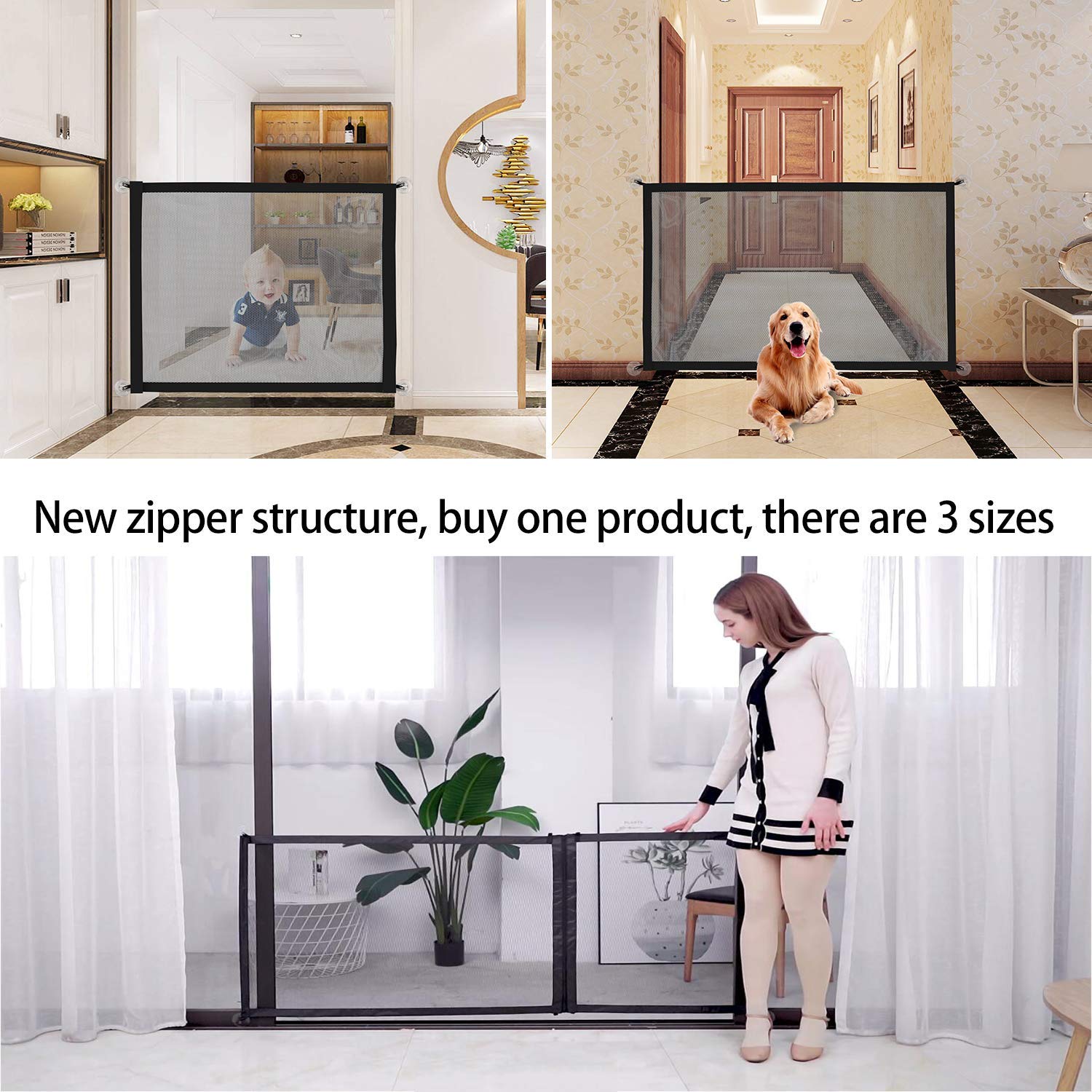 Dog Magic Gate, Mesh Pet Gates for Dogs,Adjustable Zip Design Portable Folding Safety Gate,70.9"/43.3"/27.6" Easy Install Anywhere