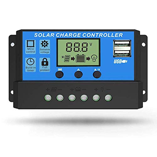 30A Solar Charge Controller, Dual USB Port Solar Panel Battery Intelligent Regulator, Multi-Function Adjustable LCD Display Street Light Controller (30A)