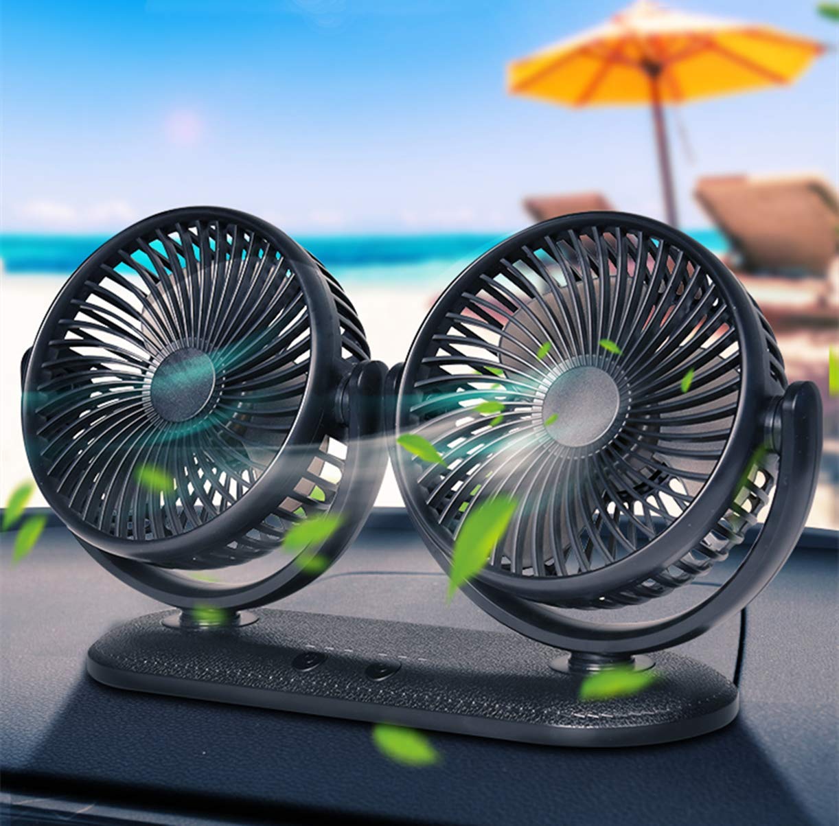 2020 Adjustable Portable Dual Head Leather Car Fan, 3 Speeds, Strong Wind, Rotatable Cooling Fan for SUV, RV, Boat, Vehicles Glasses, Dashboard, Wall Mounted USB Car Fan
