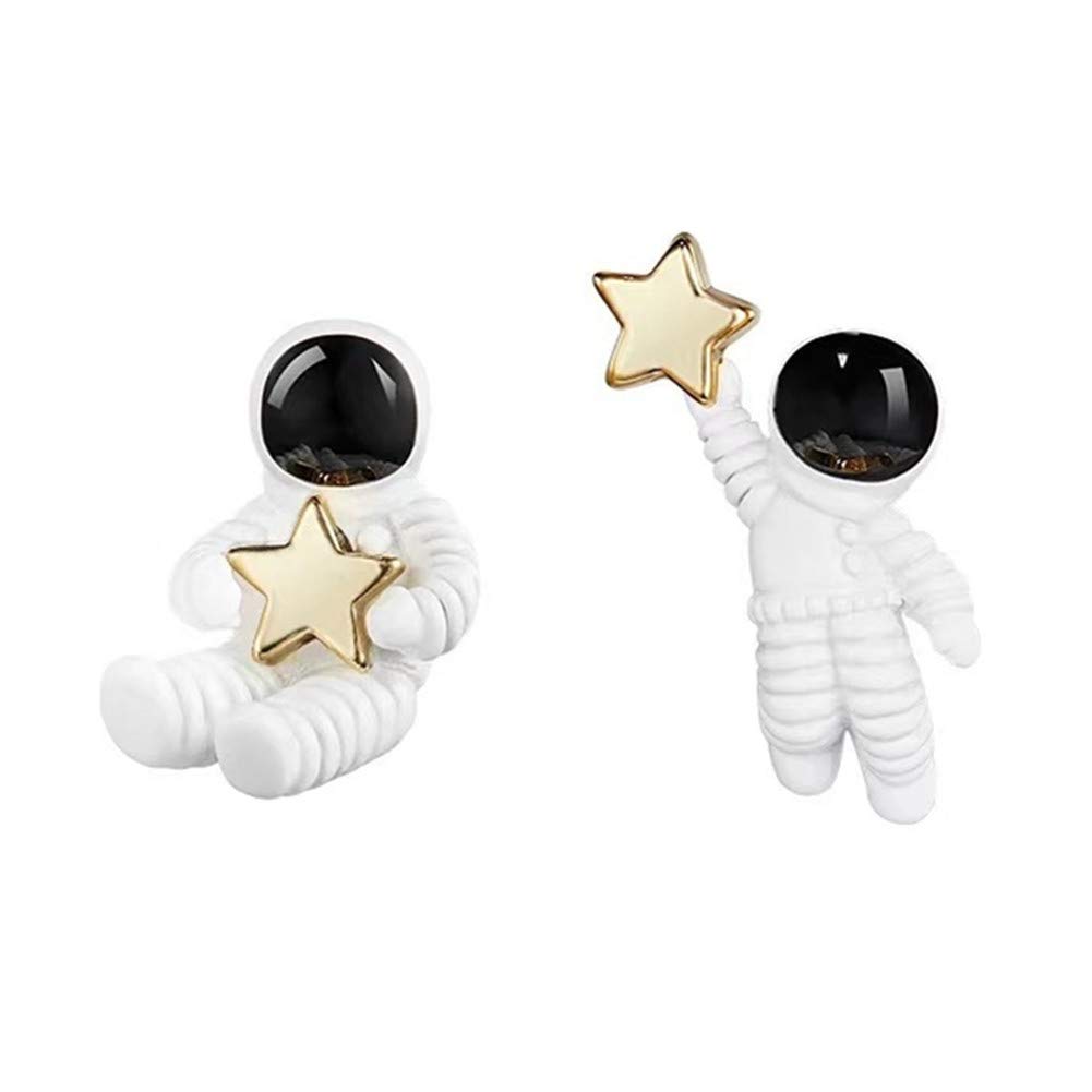 18K Gold Plated 3D Irregular White Astronauts Spaceman Golden Star Charm Stud Earrings