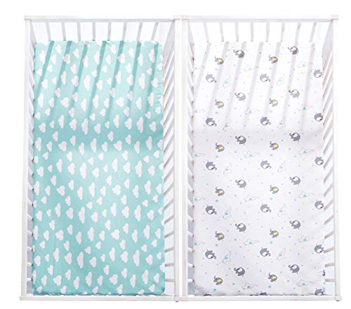 Crib Sheets Neutral, 2 Pack Fitted Crib Sheets Set, Printed Crib Sheets for Boys and Girls, Soft and Breathable Silky Microfiber Baby Sheet Fits Standard Crib and Toddler Mattress, Elephant & Clouds