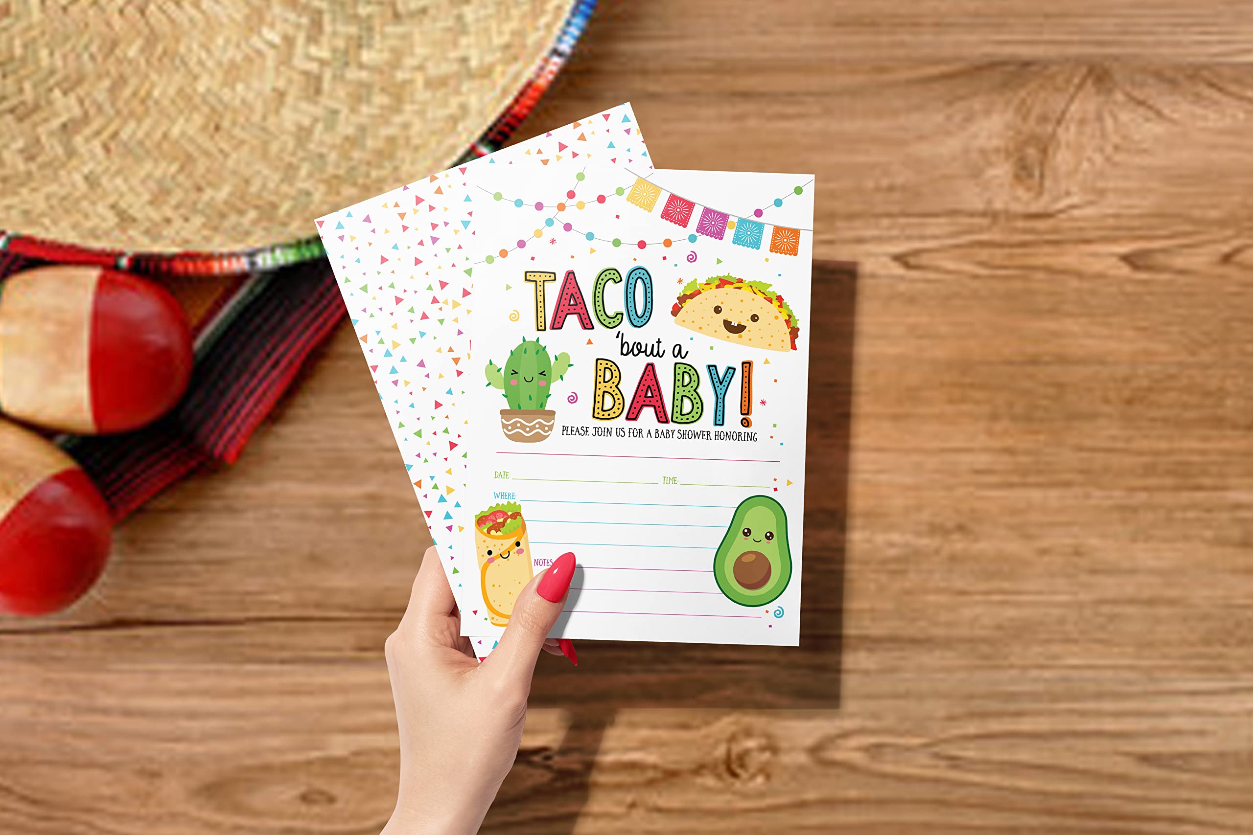 Fiesta Taco Bout A Baby Shower Invitations with Book Request and Diaper Raffle Card, 25 Fill in Invites and Envelopes