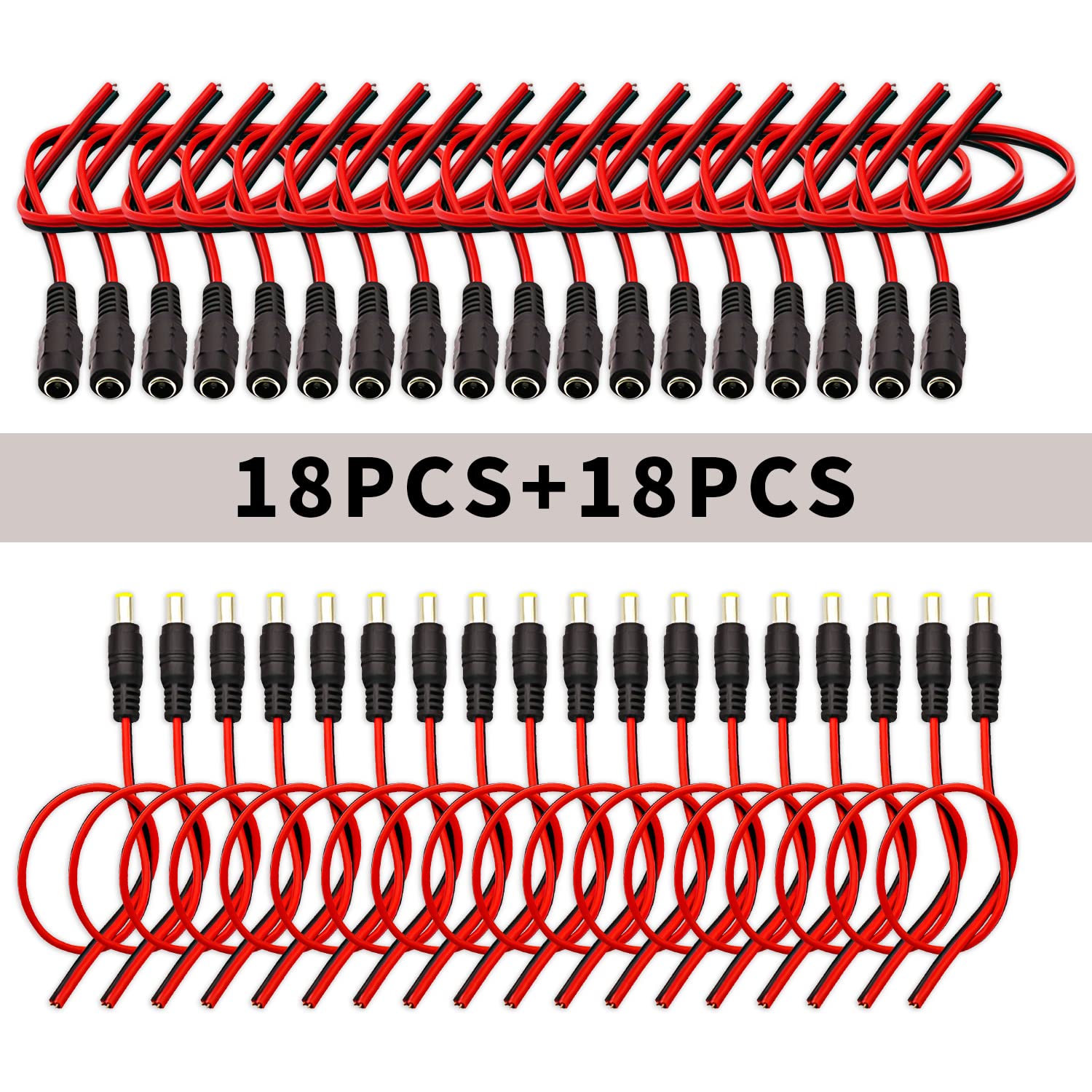 DaFuRui DC Pigtail,18 Pairs 12V 2A DC Male Female Power Pigtail Cable Connector Wire 2.1x5.5mm DC Power Connectors for CCTV Security Camera and 12V Power Supply Adapter
