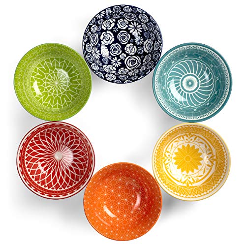 Annovero Cereal Bowls - Set of 6 Dinnerware for Ice Cream, Fruit, Ramen, Cereal, Soup, Colorful Stoneware Dishes for Kitchen, Microwave and Oven Safe, 6.25 Inch Diameter