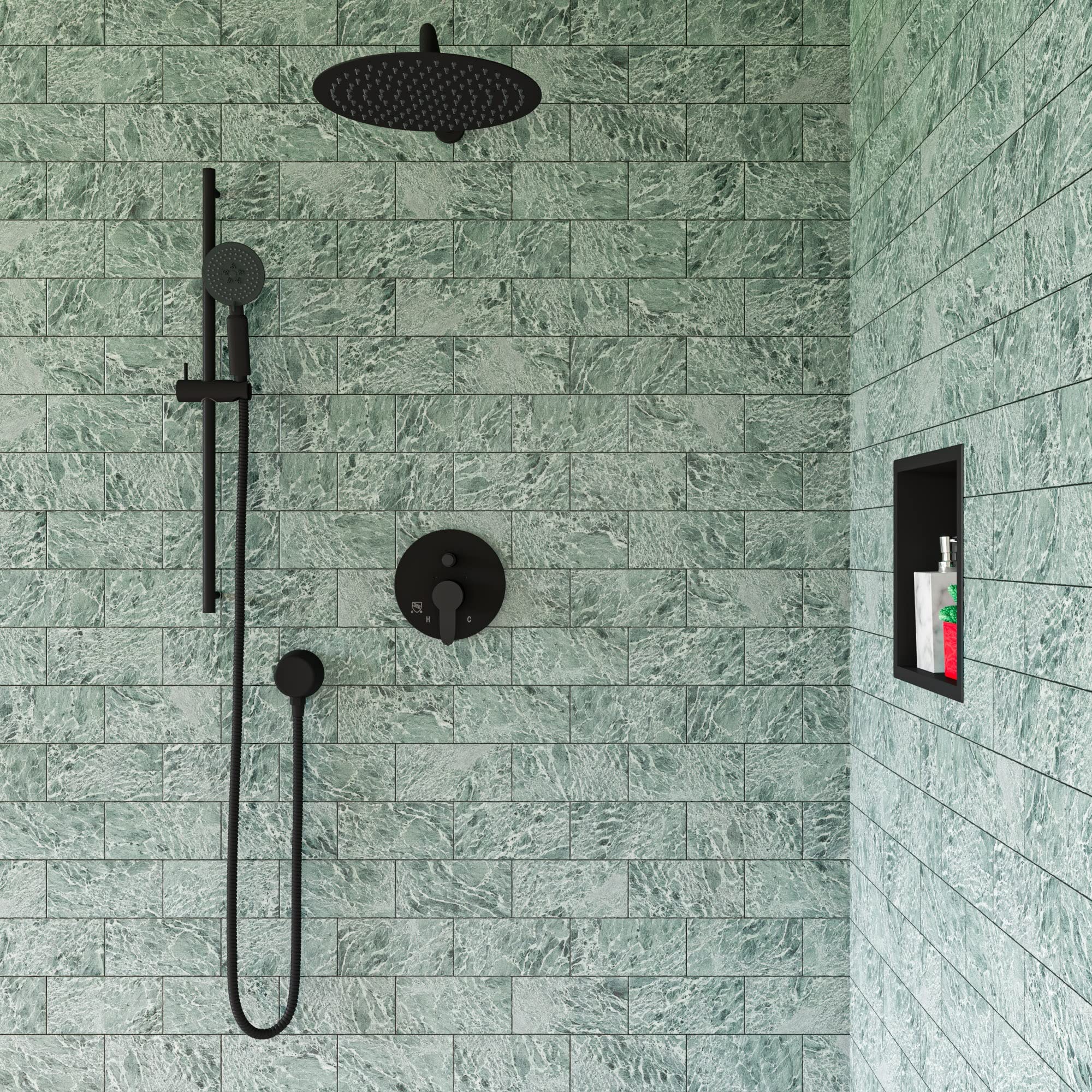 ALFI brand RAIN12R-BM Stainless Steel 12" Round Ultra-Thin Rain Shower Head, 12"L x 12"W x 0.13"H, Black Matte