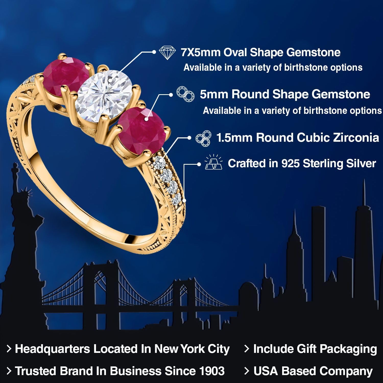 18K Yellow Gold Plated Silver 3-Stone Ring Forever Brilliant Oval 2.12cttw Moissanite by Charles & Colvard and Ruby (Size 6)