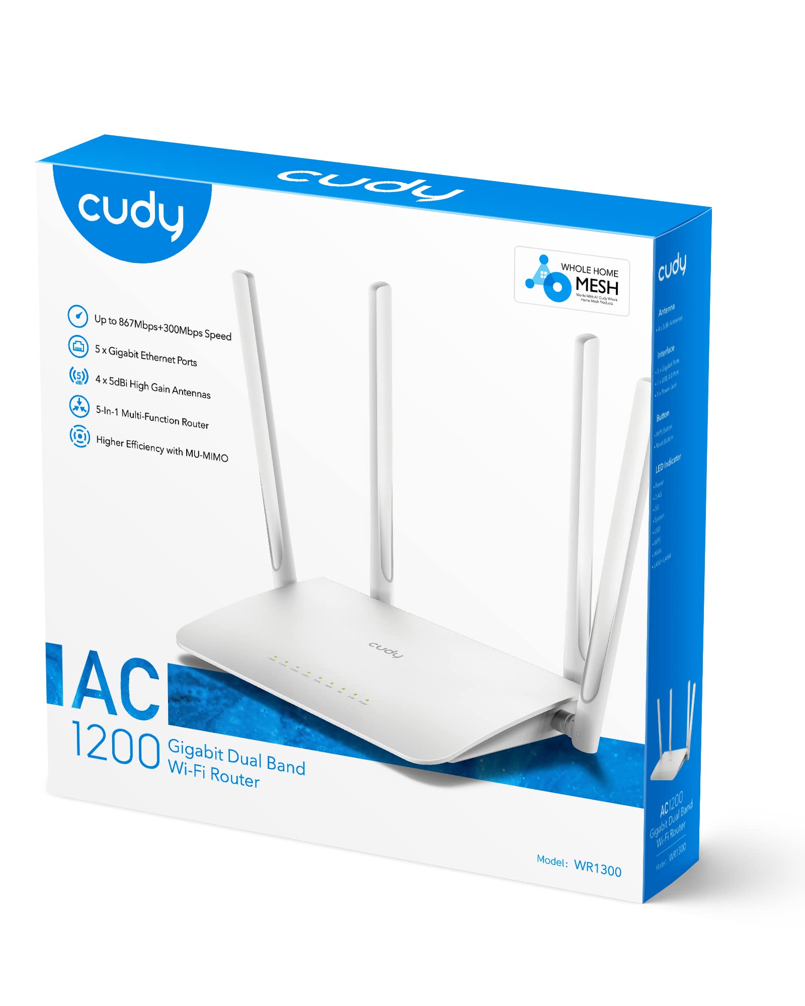 Cudy AC1200 Gigabit WiFi Router(WR1300), Dual Band MU-MIMO Wireless Internet Router, 4 x Antennas, VPN, Guest WiFi and AP Mode, Long Range Coverage