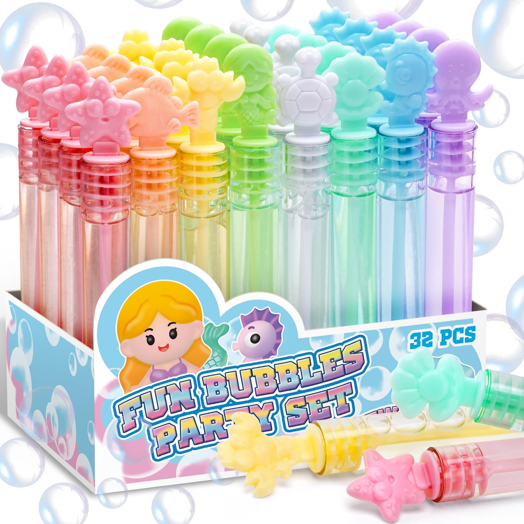 32 Pcs Mermaid Bubbles for Kids with Display Box, 8 Color Mini Pastel Bubble Wand for Mermaid Birthday Decorations, Ocean Party Favors, Goody Bag Stuffer, Under The Sea Animal Gift for Girls Toddlers