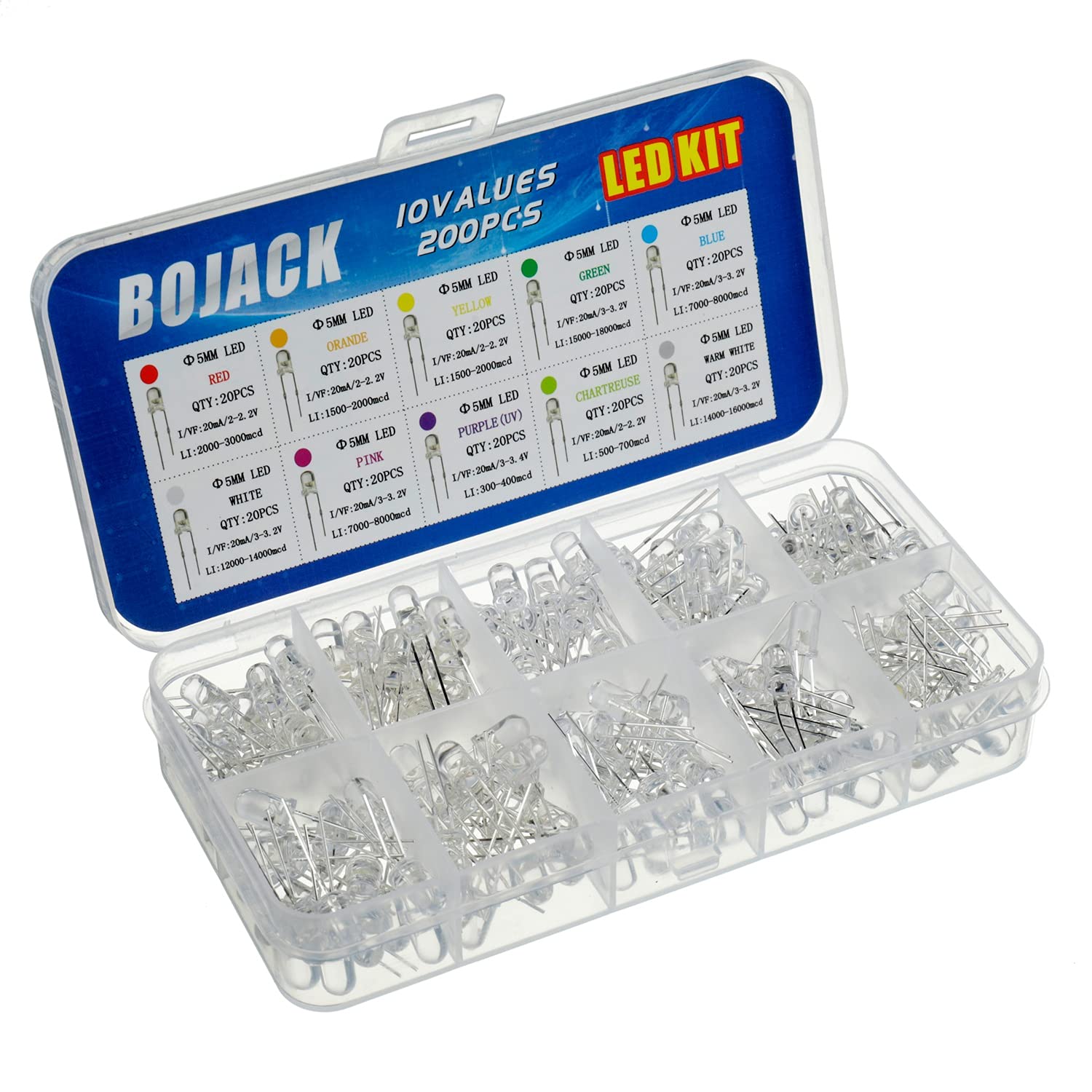 BOJACK 10 Colors 200 Pcs 5mm LED Diode Lights Assored Kit Pack (Transparent DC 2V - 3.2V 20mA) Bright Lighting Bulb Lamps Electronics Components 5 mm Light Emitting Diodes Parts