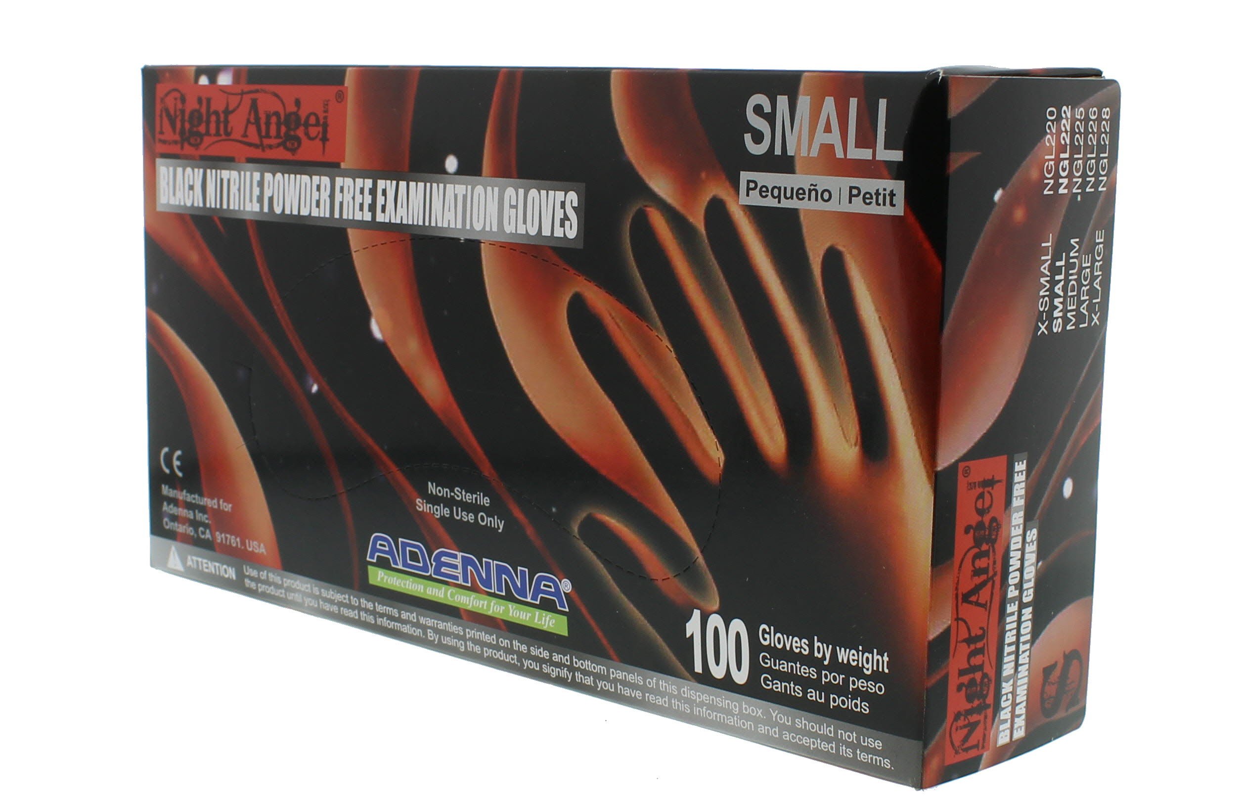 Adenna NGL220 Night Angel Nitrile Powder Free Exam Gloves, 4 mil, Black, Small (Pack of 100)