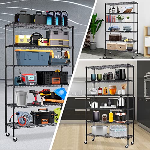 CL.Store 6-Tier Kitchen Storage Wire Shelf Steel Shelving Rack Commercial-Grade Garage Rolling Organizer with Wheels,2100 LBS(350 lbs Capacity per Shelf),Black, WS-776-Black