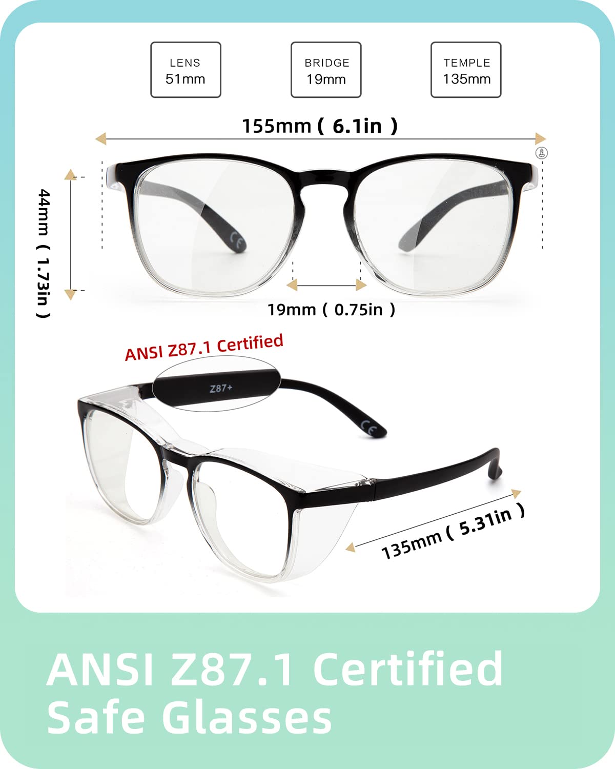 LianSan Oversize Anti-Fog Safety Glasses for Nurses, Z87.1 Certified Goggles for Women, Square UV Protection Tortoise