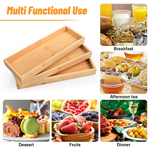 3 Pcs Bamboo Tea Serving Tray, Decorative Multi Use Bathroom Counter Tray with Edges Bamboo Vanity Tray for Dresser Counter Food Coffee Tea Snack Tissues Candles, 11 x 4 Inch