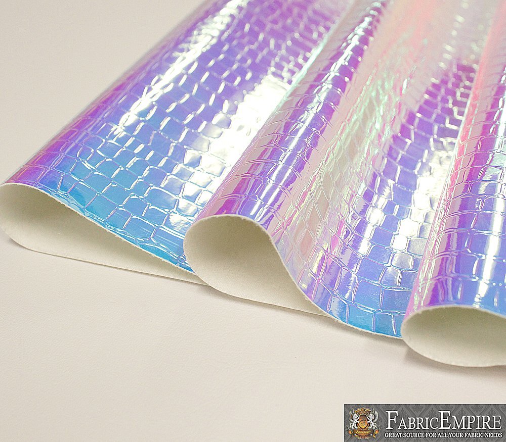 Fabric Empire Vinyl Upholstery Embossed Crocodile Holographic Glossy Fabric Light Blue 54" Wide Sold by The Yard